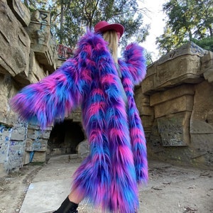 Psychedelic Prowler: Vibrant Handmade Unisex Eco-fur Coat With ...