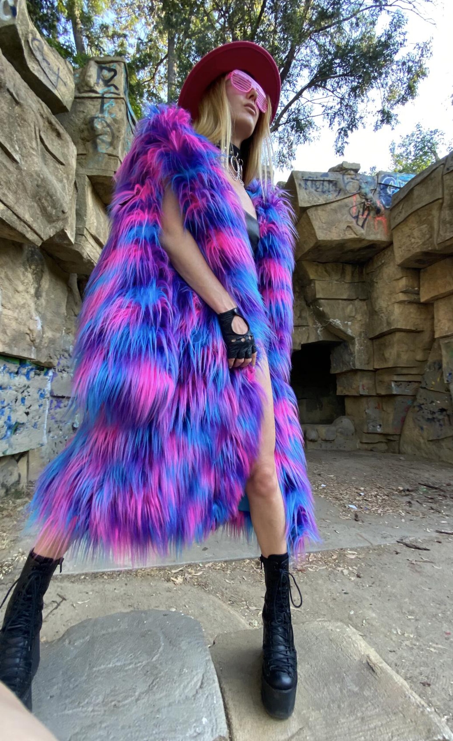 Psychedelic Prowler: Vibrant Handmade Unisex Eco-fur Coat With ...