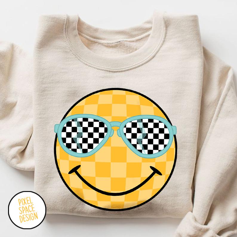 Retro Checkered Smiley Face PNG: Funny Sunglasses Design (digital ...