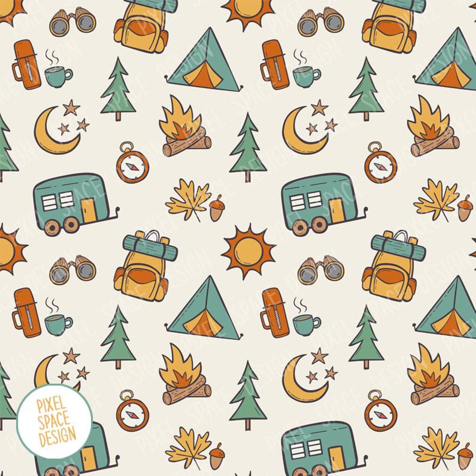 Camping Seamless Pattern: Outdoor Campfire Fabric Design (digital ...