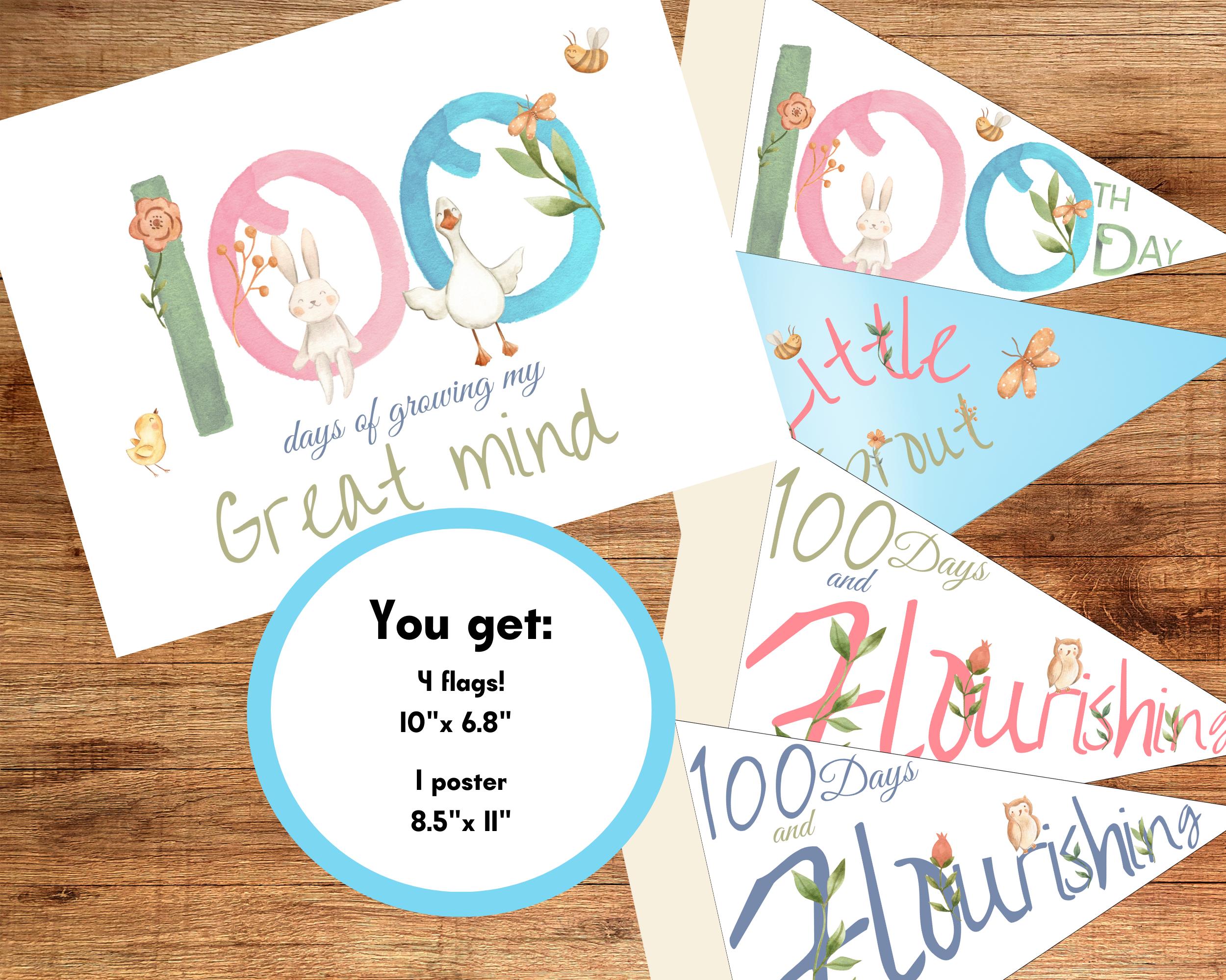 100th Day of School Printables Growing Theme Pennant Flags & Posters ...