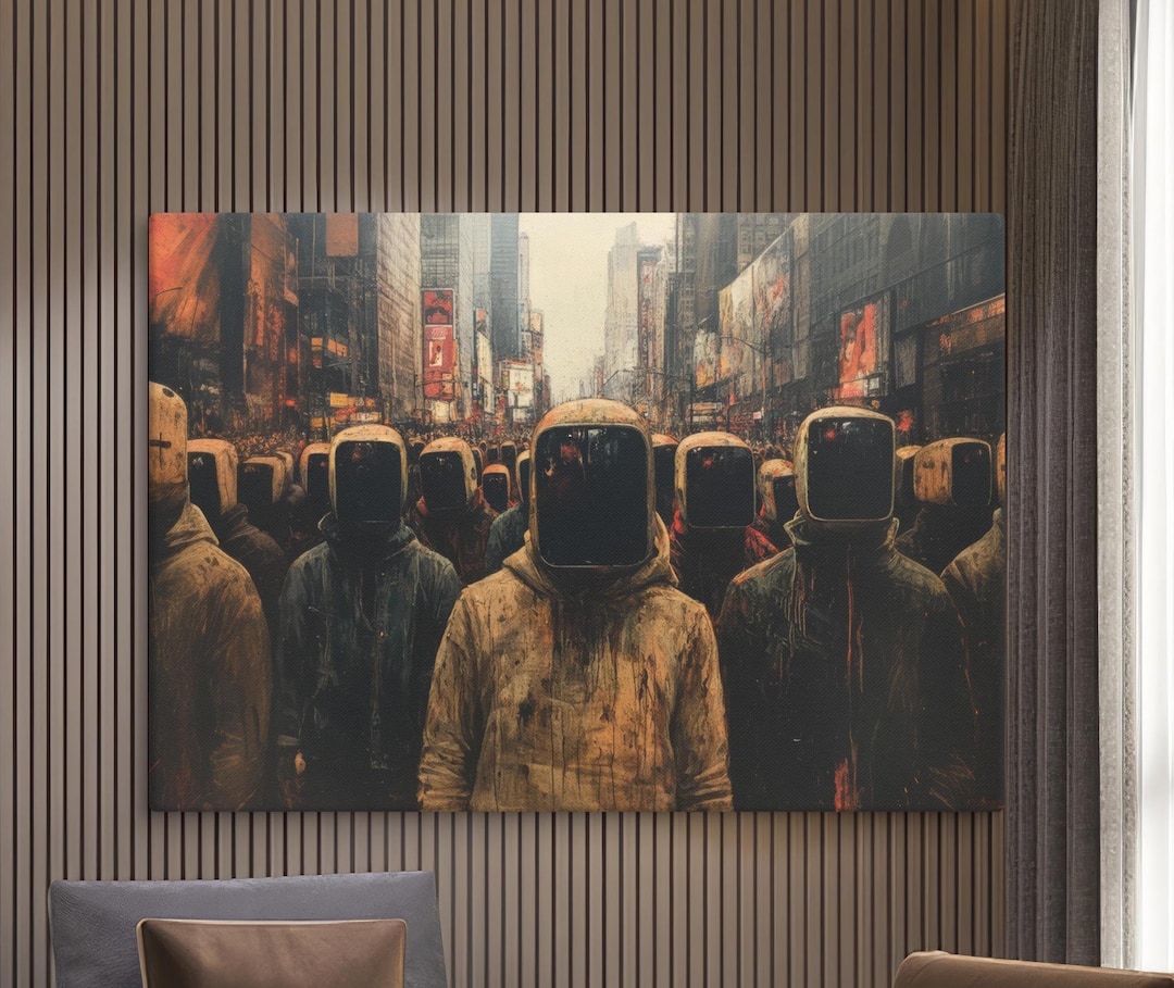 Dystopian Crowd Painting, Surreal Cityscape Art, Urban Futuristic Scene ...