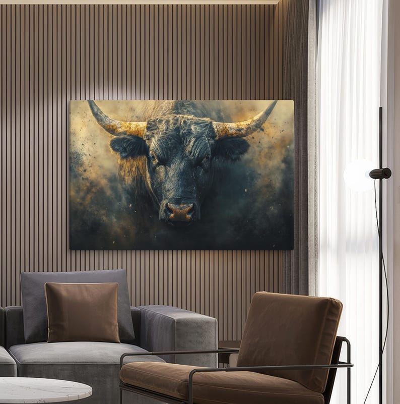 Powerful Bull in Dust Storm Art Print, Intense Animal Portrait Wall Art ...