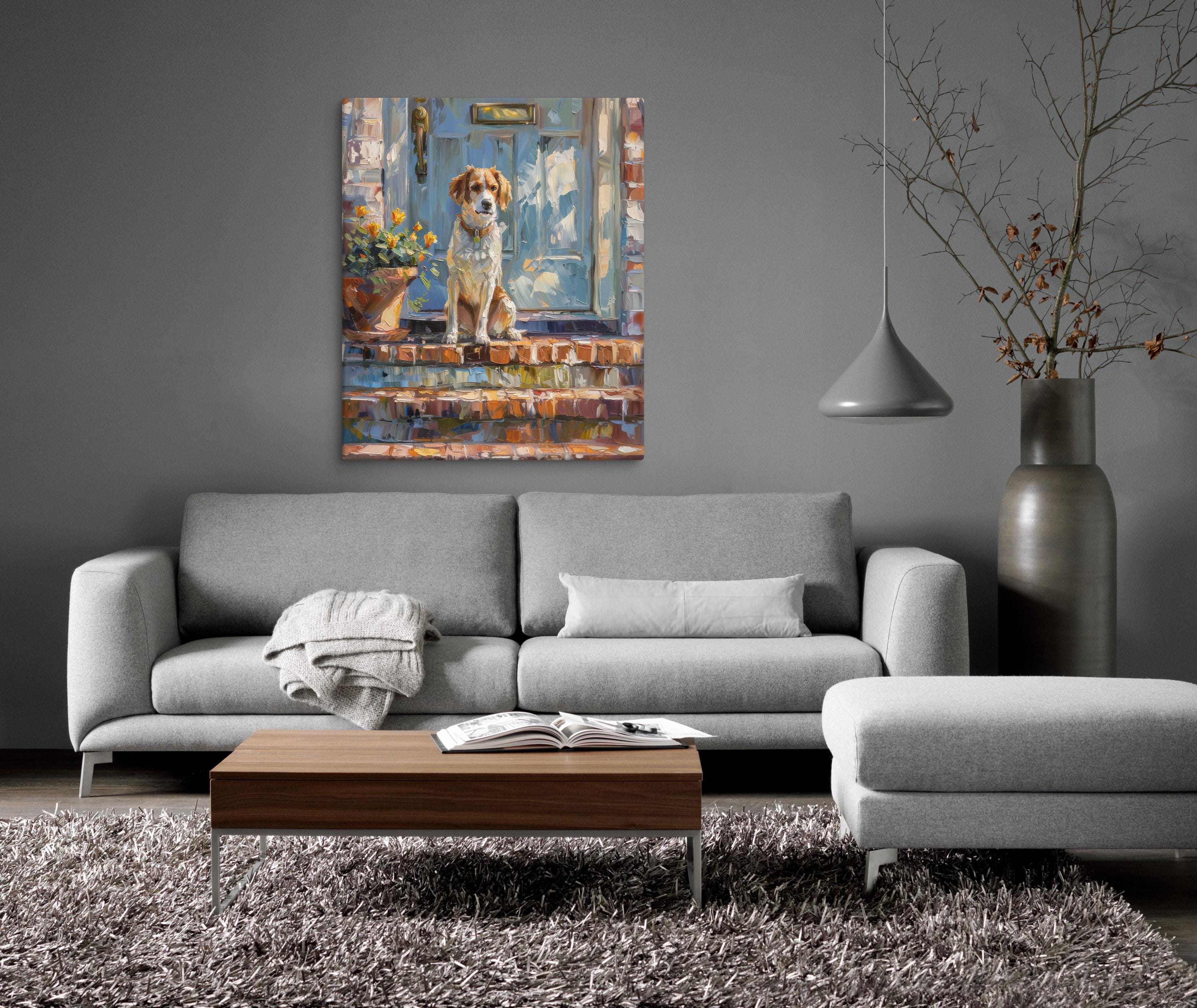 Loyal Companion Wall Art - Charming Dog Waiting on Steps Painting ...