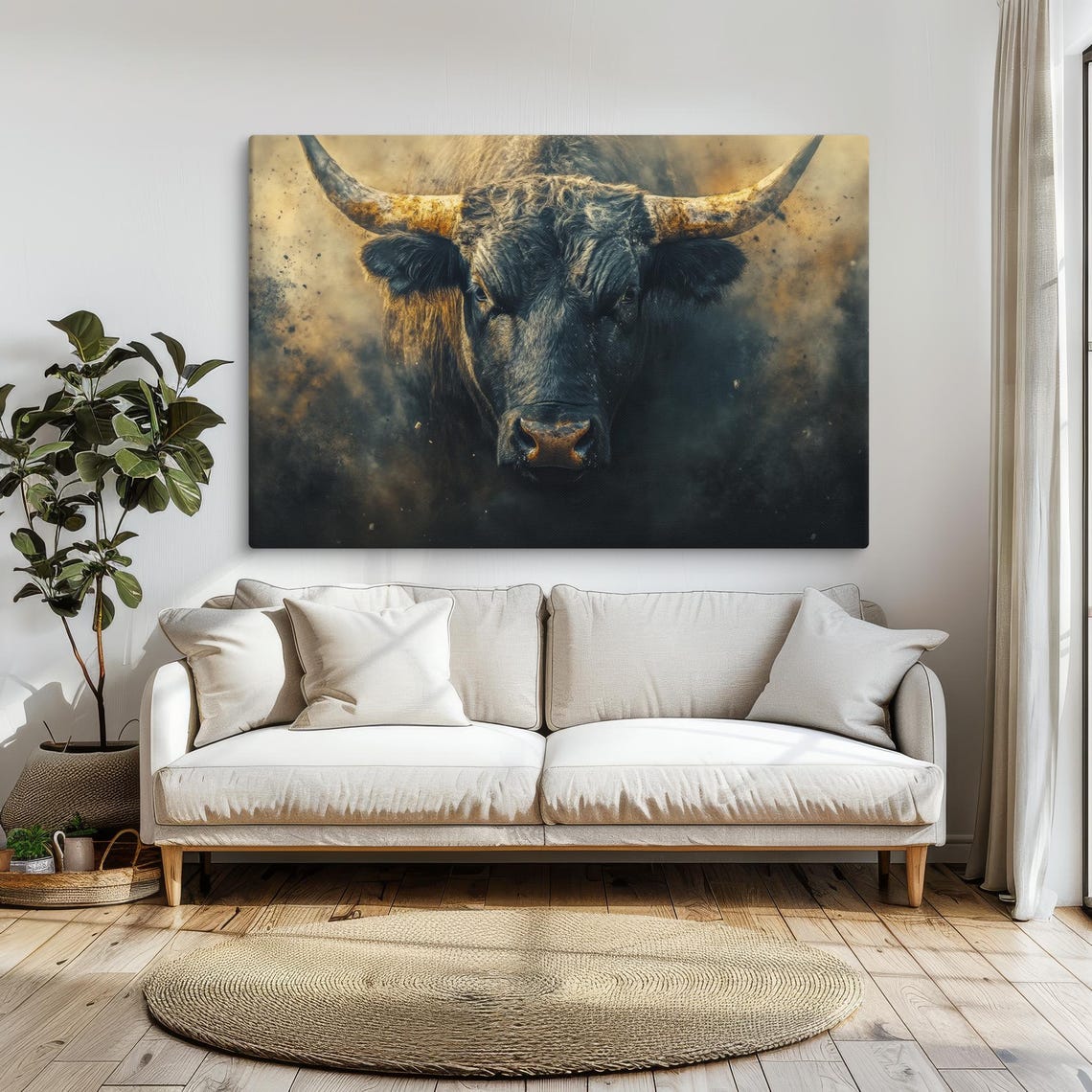 Powerful Bull in Dust Storm Art Print, Intense Animal Portrait Wall Art ...