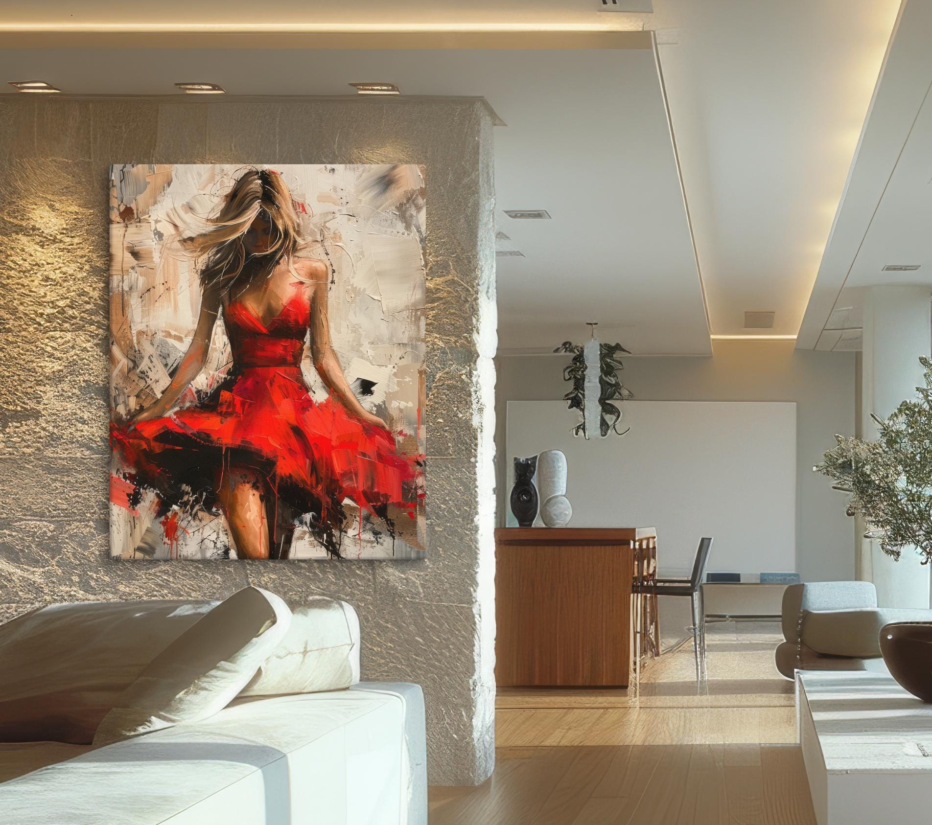 Modern Abstract Wall Art - Woman in Red Dress Canvas Painting - Stylish ...
