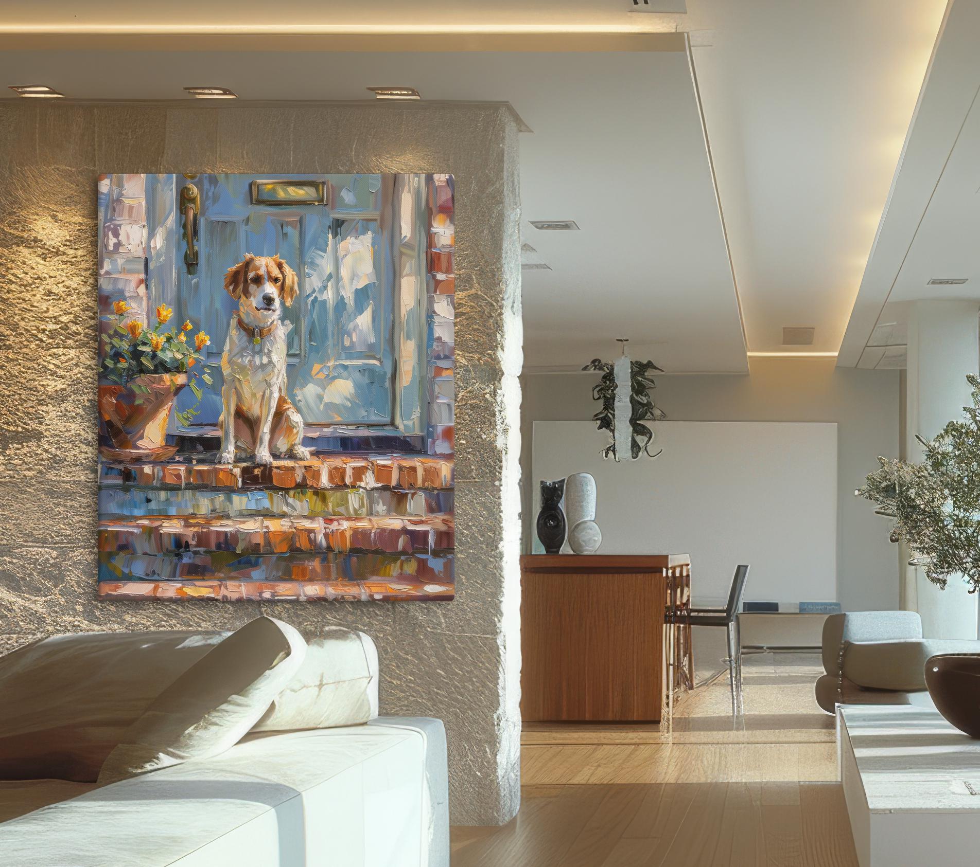 Loyal Companion Wall Art - Charming Dog Waiting on Steps Painting ...