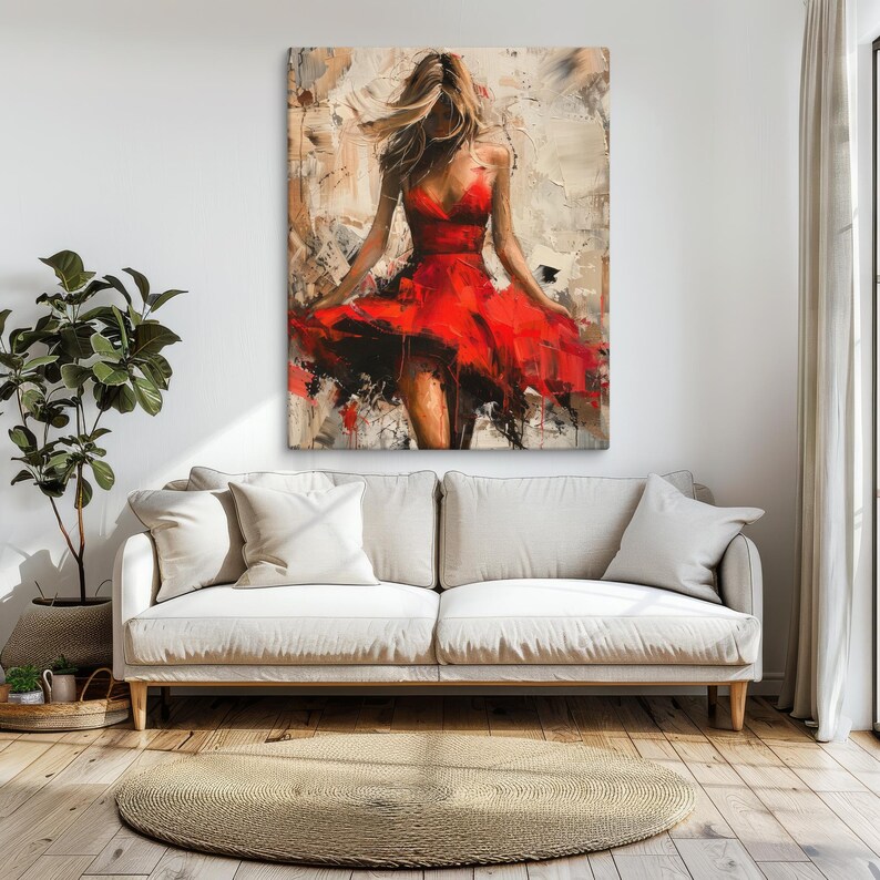Modern Abstract Wall Art - Woman in Red Dress Canvas Painting - Stylish ...