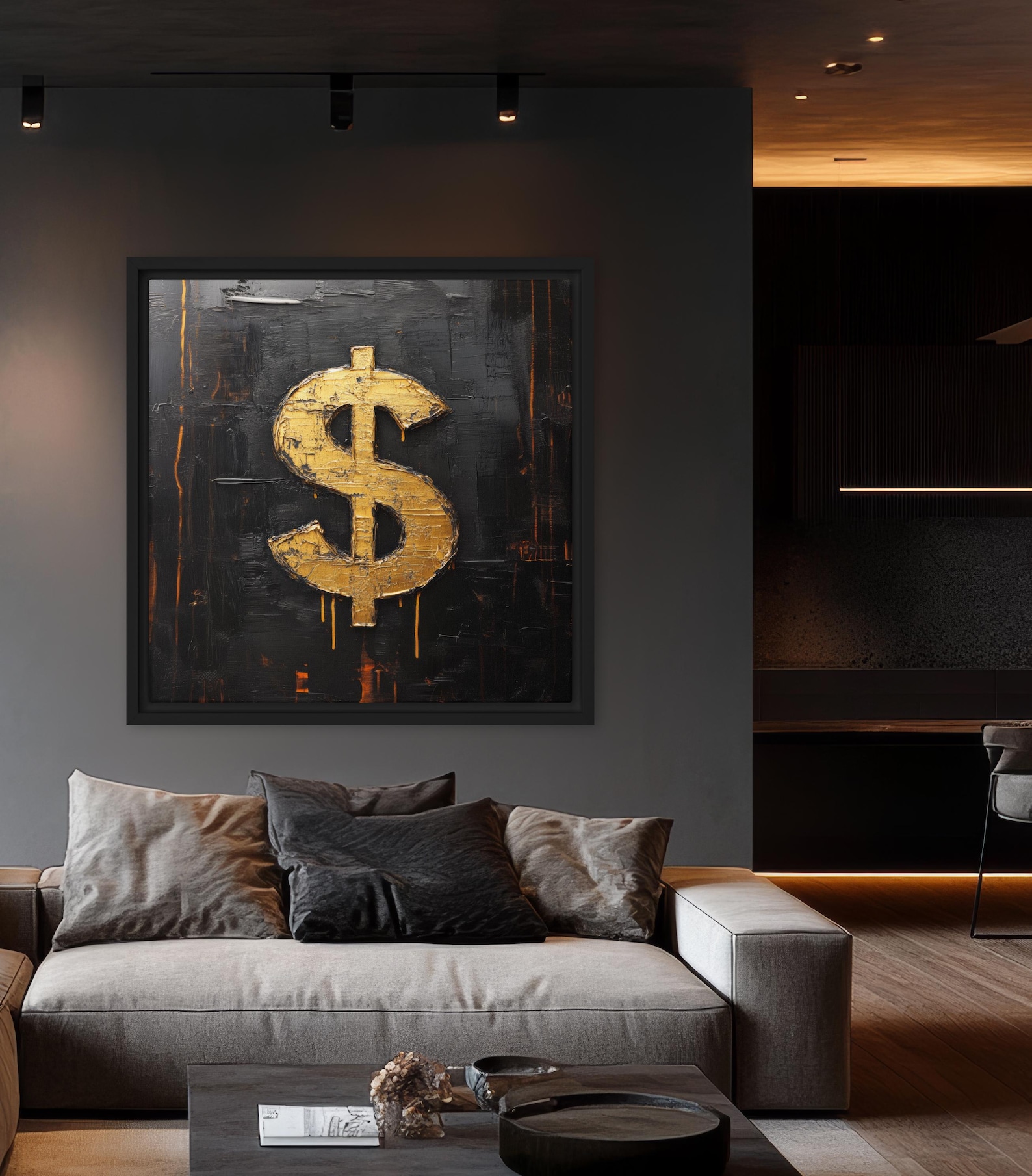 Framed Dollar Sign Canvas, Modern Money Wall Art, Luxury Gold Texture ...