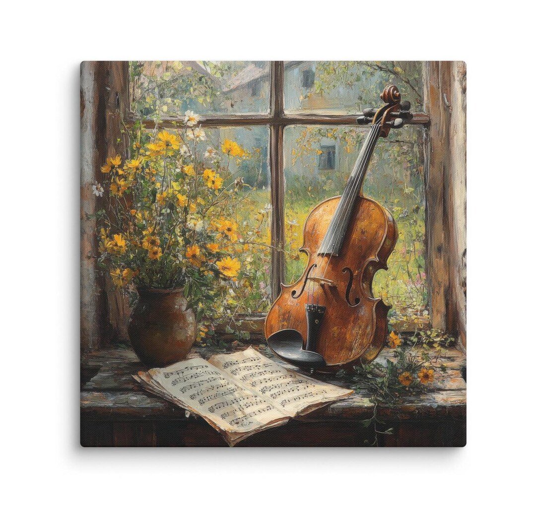 Vintage Violin Canvas Art: Rustic Floral Window Scene, Musical Wall ...