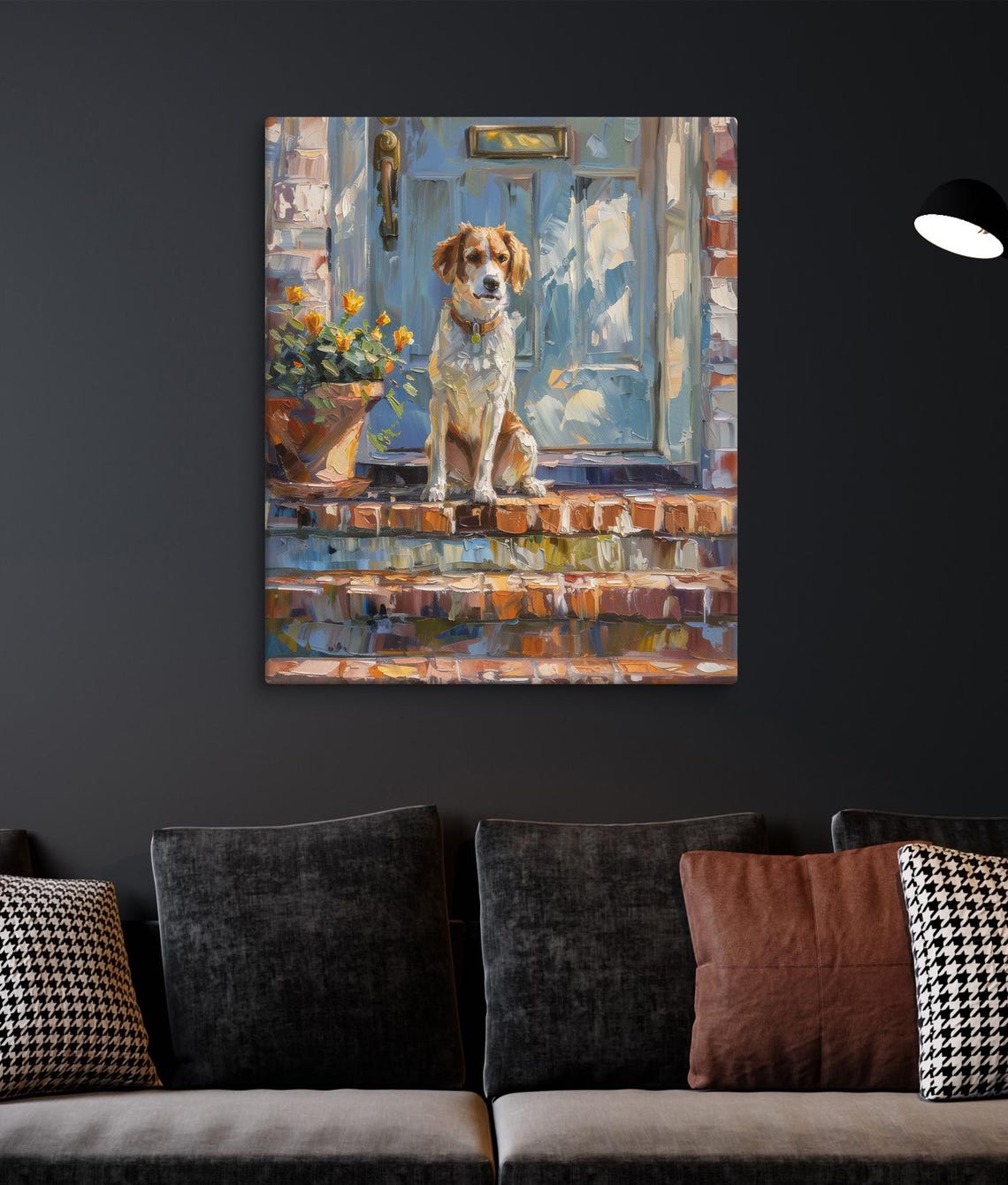 Loyal Companion Wall Art - Charming Dog Waiting on Steps Painting ...