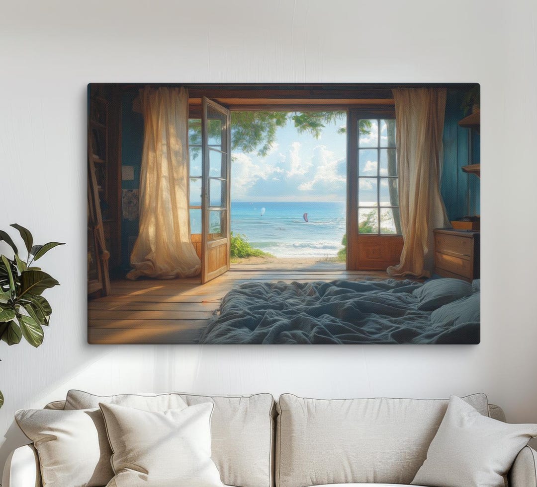 Tropical Beach View Through Open Window, Canvas Wall Art Print, Ocean ...