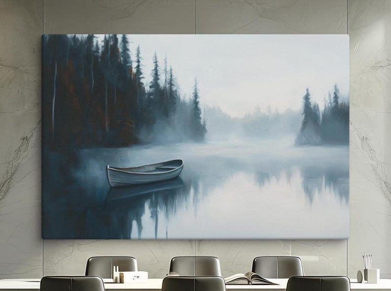 Misty Lake With Boat Canvas Art, Peaceful Nature Wall Decor, Tranquil ...