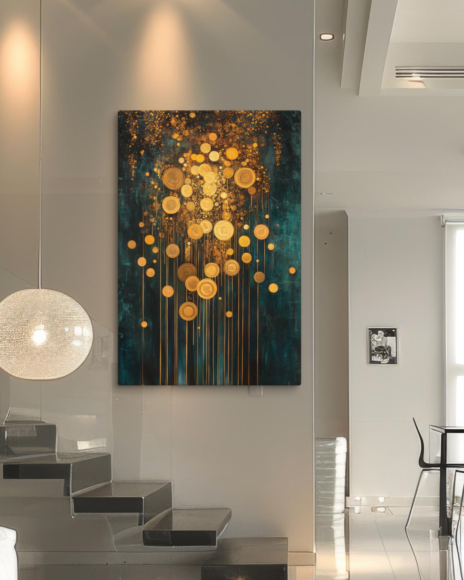 Golden Coin Abstract Canvas Painting, Wealth and Success Modern Wall ...