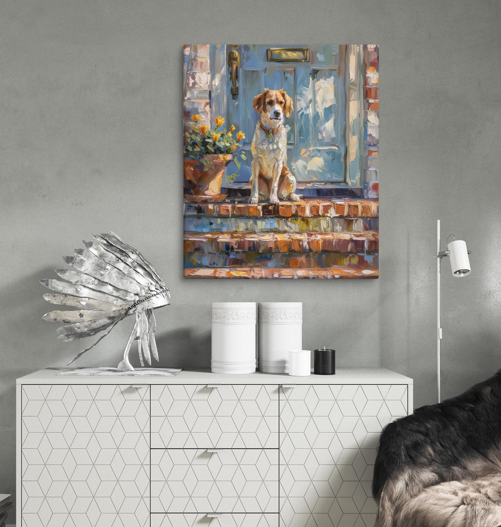 Loyal Companion Wall Art - Charming Dog Waiting on Steps Painting ...