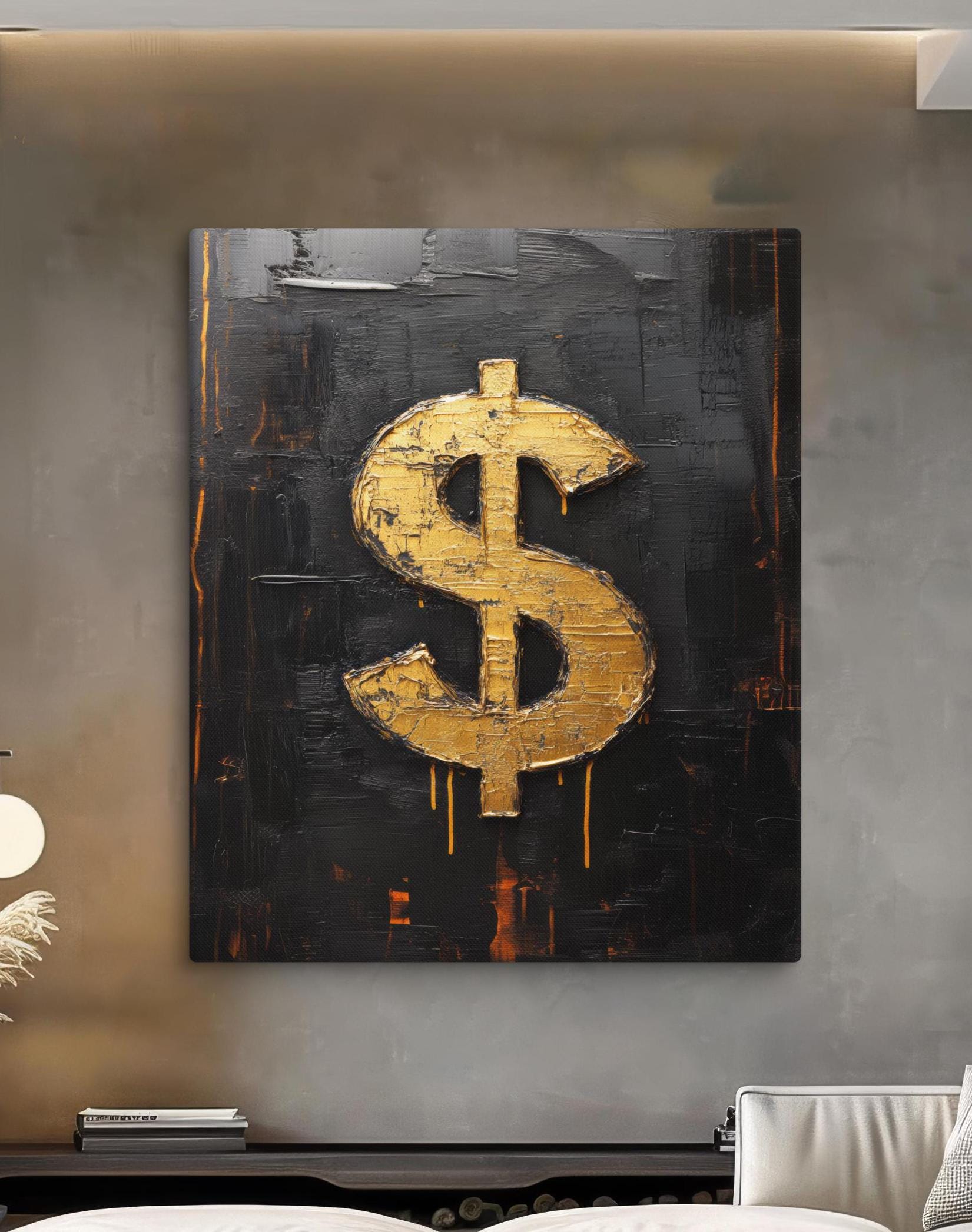 Golden Dollar Sign Canvas, Modern Money Wall Art, Luxury Gold Texture ...