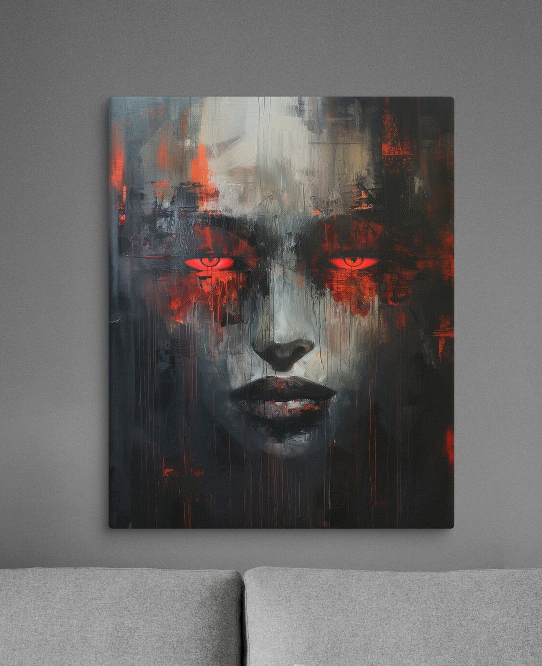 Fiery Gaze Woman Portrait - Abstract Canvas Art, Red Eyes, Modern Wall ...