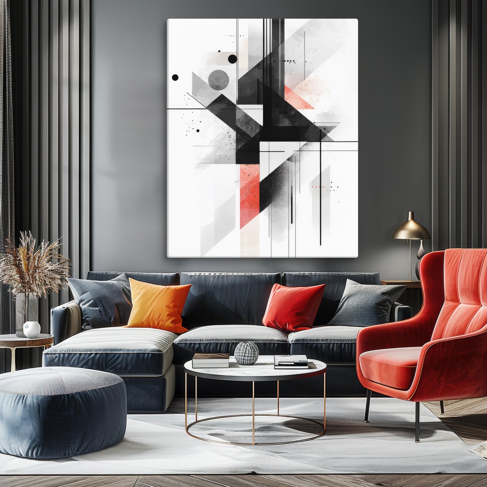 Modern Geometric Abstract Art Print, Minimalist Black and Red Shapes ...
