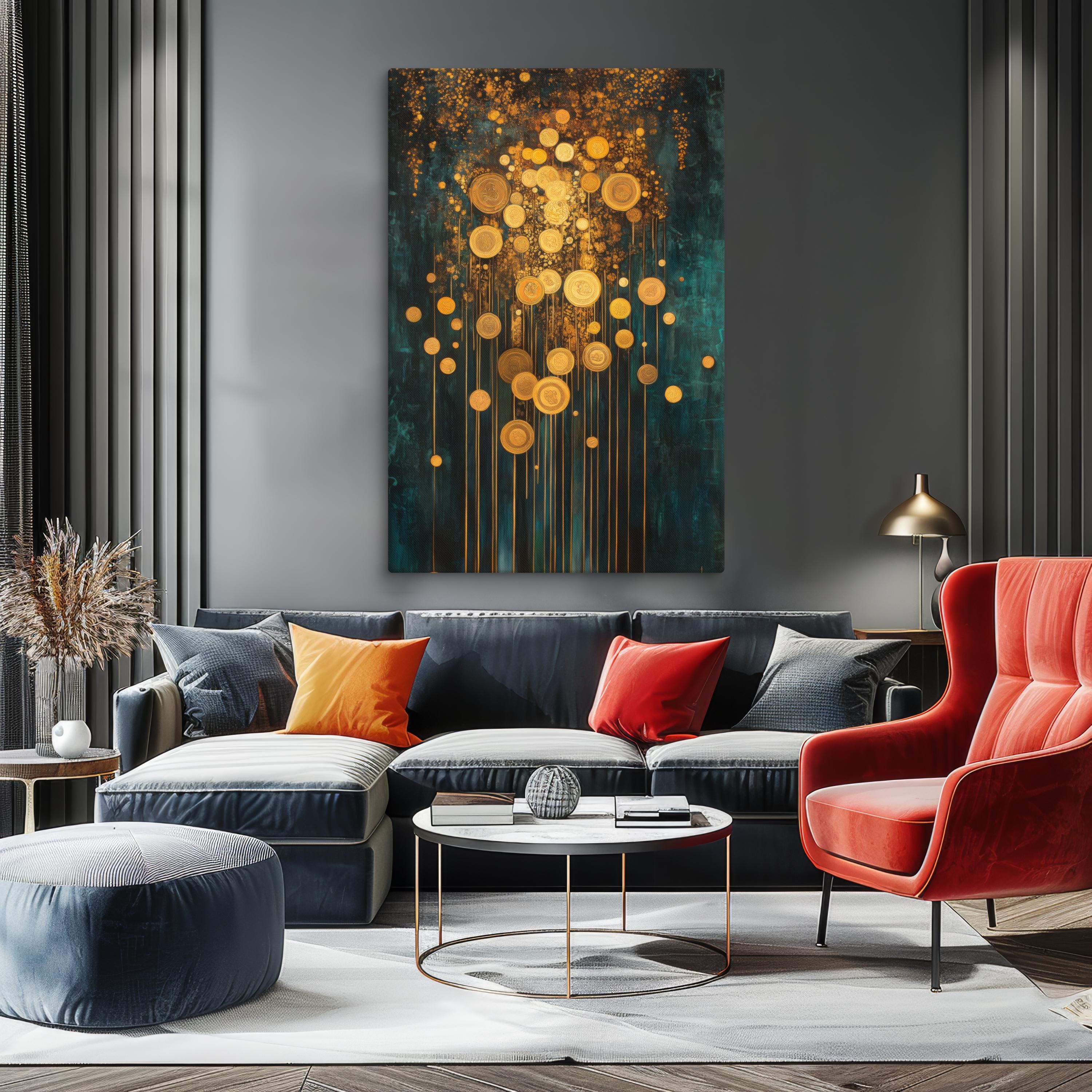 Golden Coin Abstract Canvas Painting, Wealth and Success Modern Wall ...