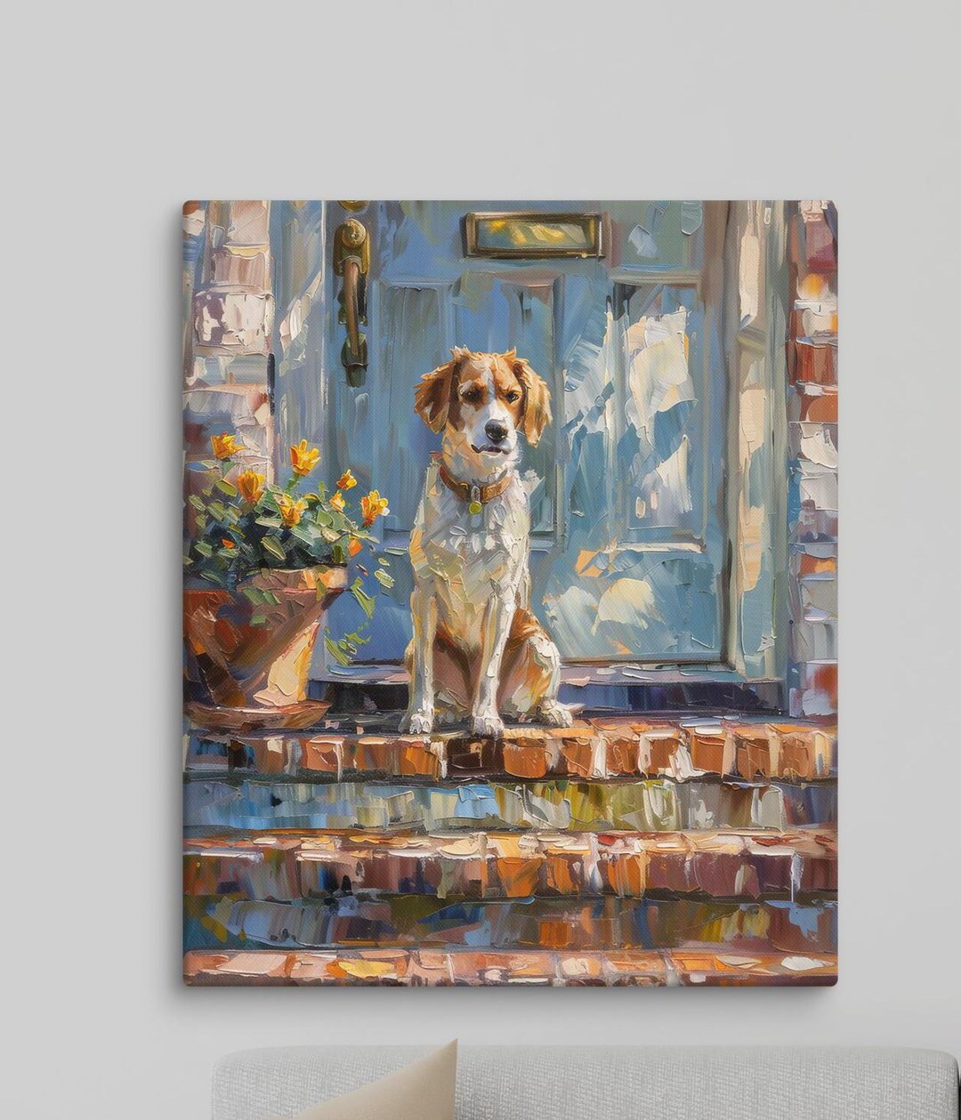 Loyal Companion Wall Art - Charming Dog Waiting on Steps Painting ...