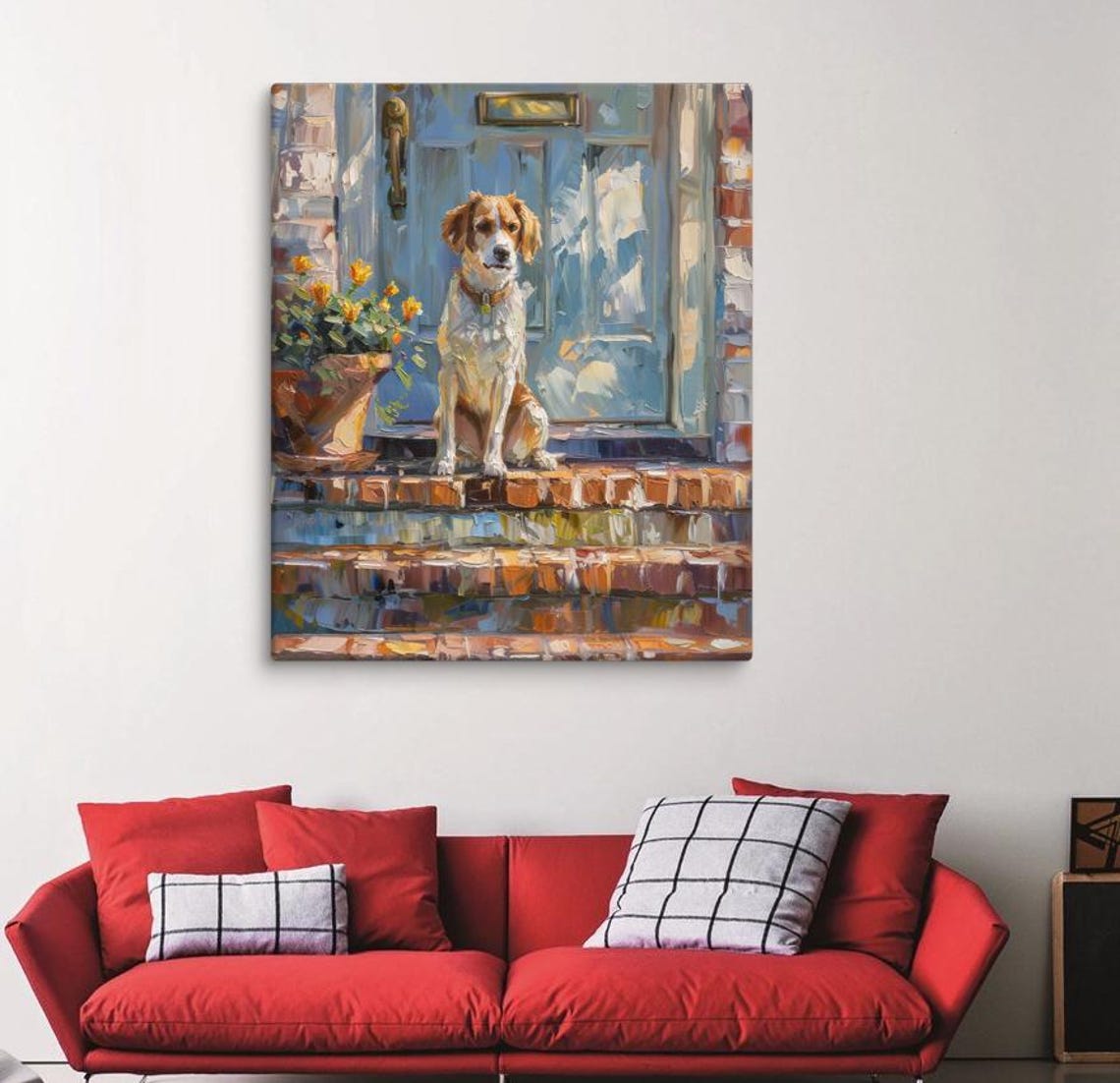Loyal Companion Wall Art - Charming Dog Waiting on Steps Painting ...