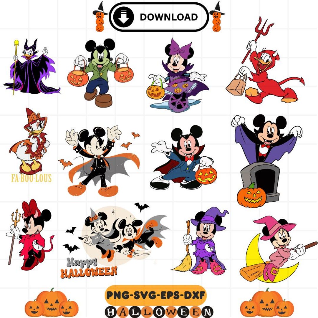 Disney Halloween Characters SVG PNG Bundle, Mickey Minnie Donald Daisy ...