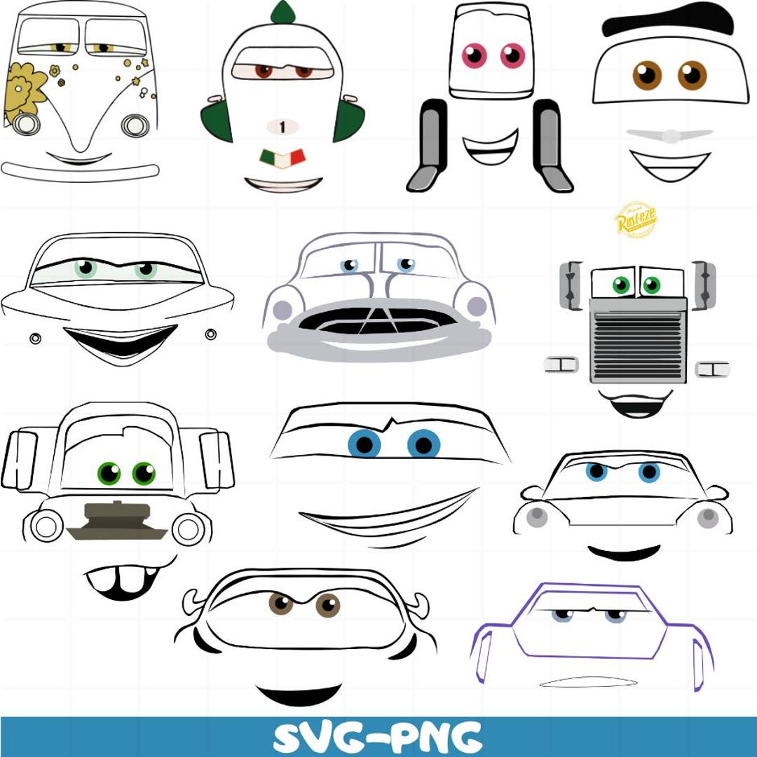 Cars Face SVG PNG Digital Bundle, Cartoon Car Face Clipart for Cricut ...