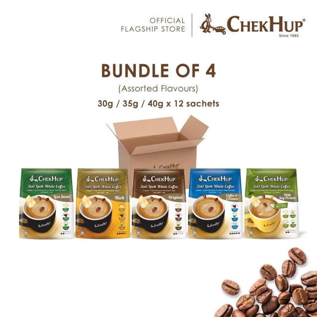 Chek Hup 3-in-1 Ipoh White Coffee Bundle of 4 Less Sweet, Original ...