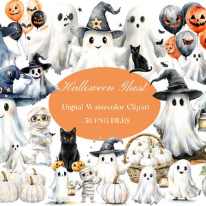 Spooky Halloween Ghost Watercolor Clipart Bundle | 56 PNG Files | Cute ...