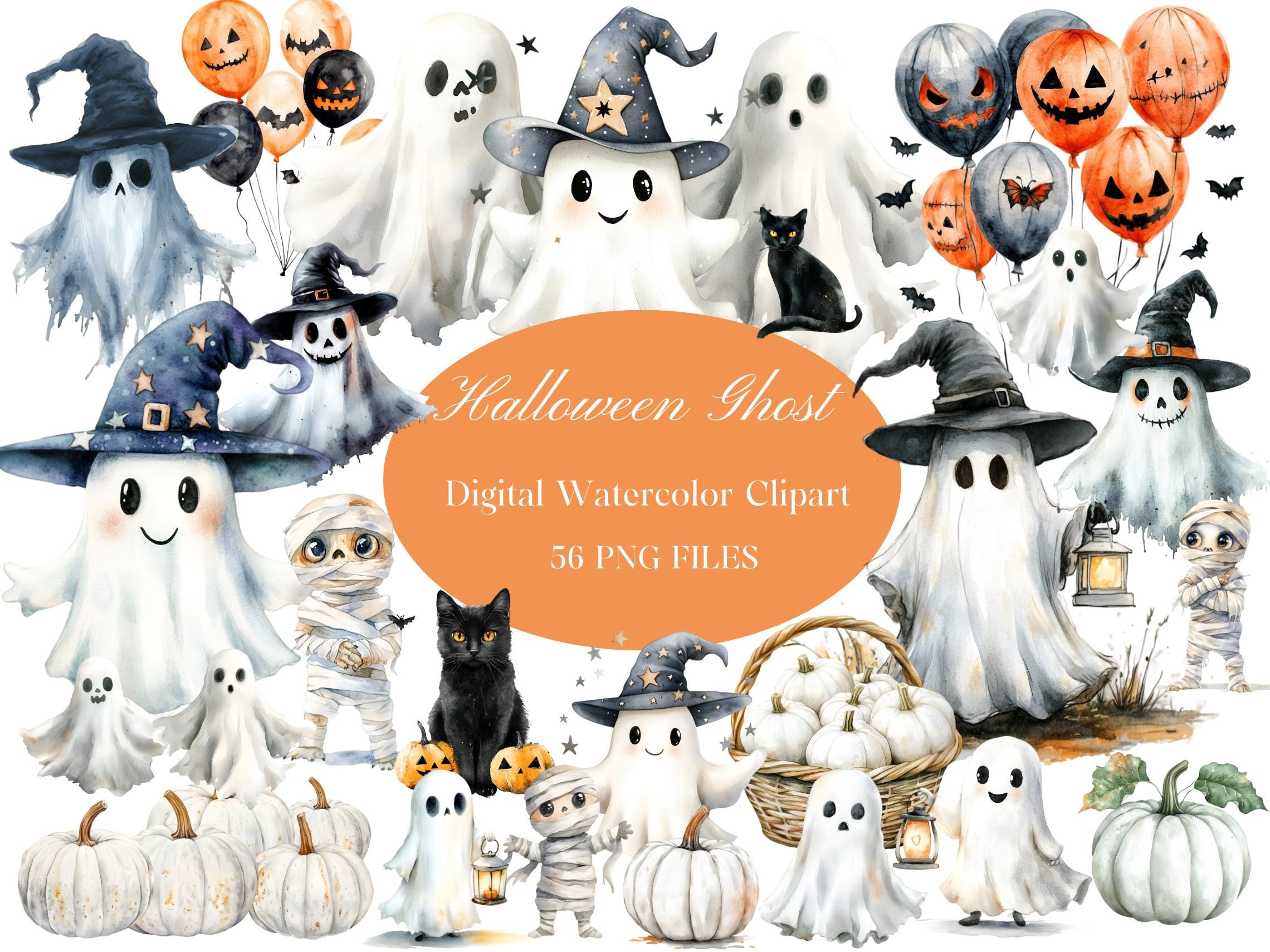 Spooky Halloween Ghost Watercolor Clipart Bundle | 56 PNG Files | Cute ...
