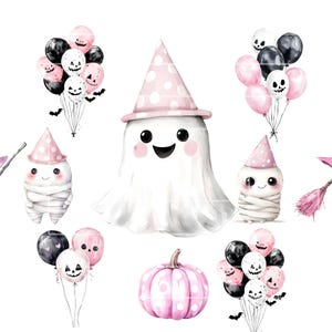 Pink Halloween Watercolor Clipart Bundle | 93 PNG Files | Cute Ghosts ...
