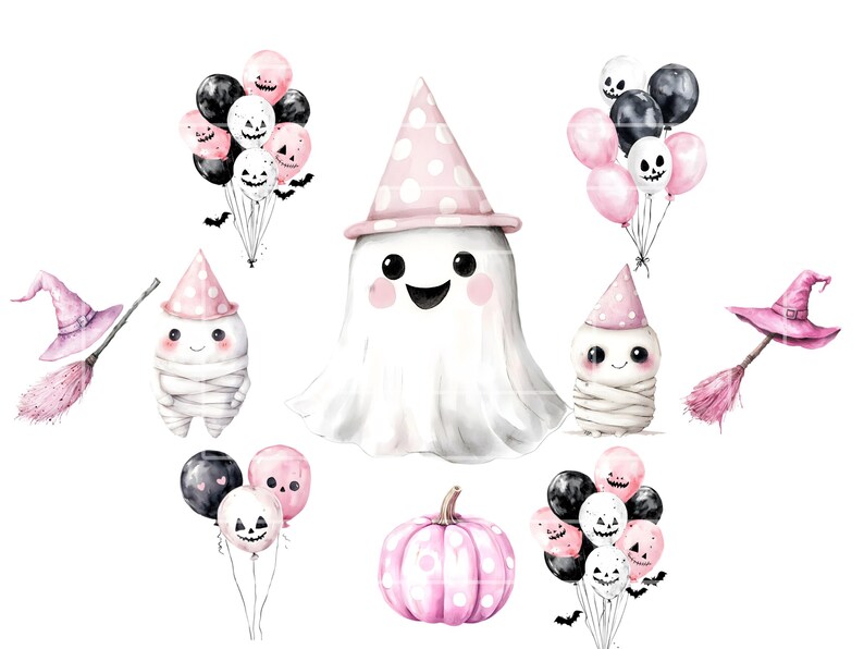 Pink Halloween Watercolor Clipart Bundle | 93 PNG Files | Cute Ghosts ...