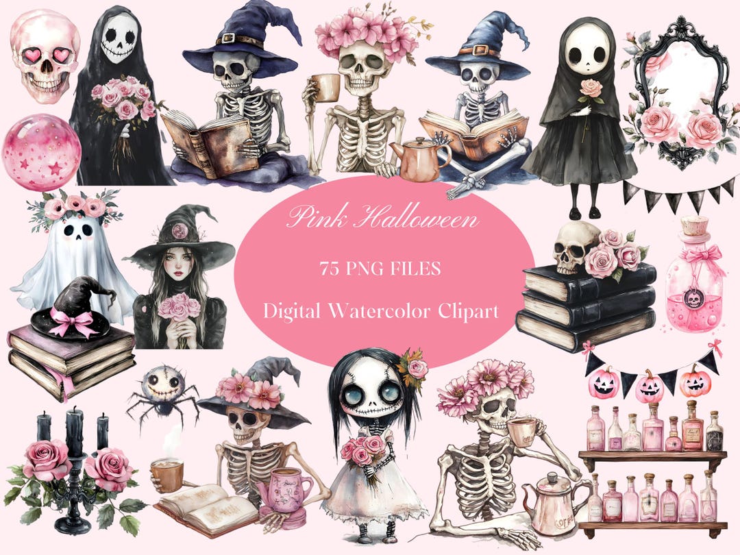 Spooky Halloween Watercolor Clipart Bundle | 75 PNG Gothic Skeletons ...
