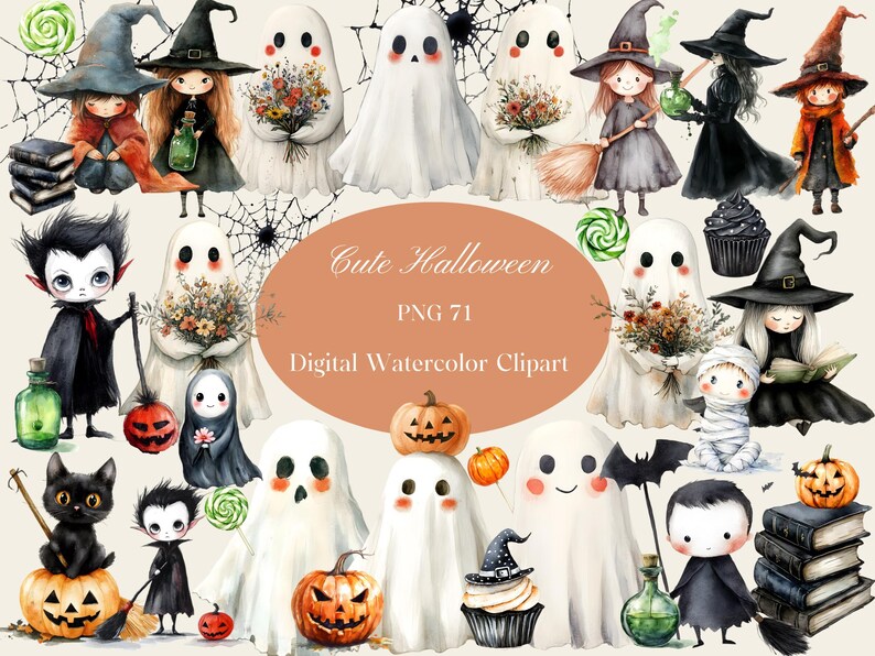 Cute Halloween Watercolor Clipart Bundle | 71 PNG Digital Halloween ...