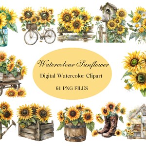 Watercolor Sunflower Clipart Bundle | 61 PNG Files | Digital Watercolor ...