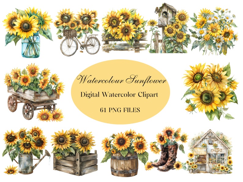 Watercolor Sunflower Clipart Bundle | 61 PNG Files | Digital Watercolor ...