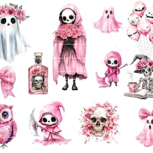 Pink Halloween Watercolor Clipart | 45 PNG Files | Cute Ghosts, Skulls ...