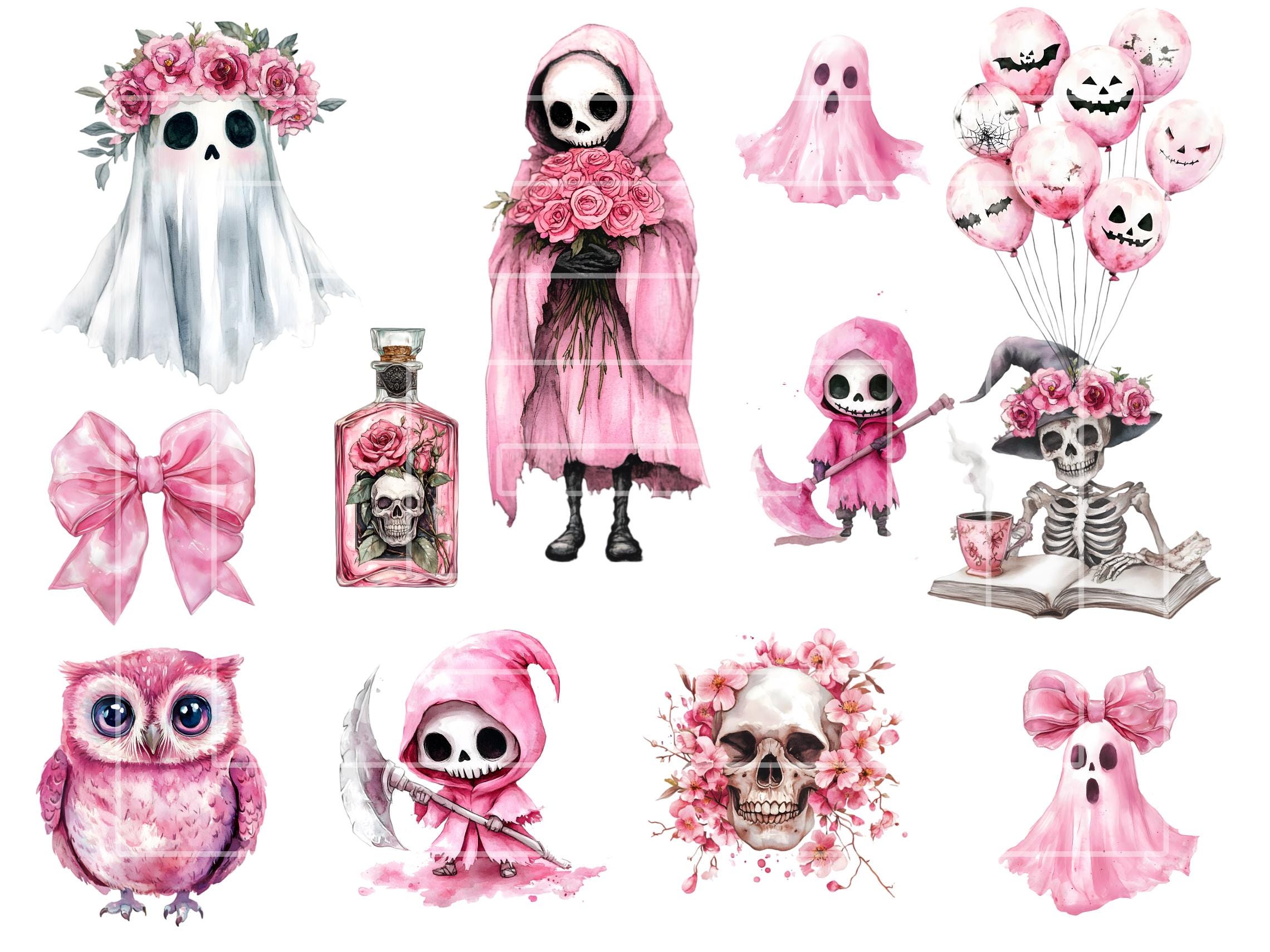 Pink Halloween Watercolor Clipart | 45 PNG Files | Cute Ghosts, Skulls ...