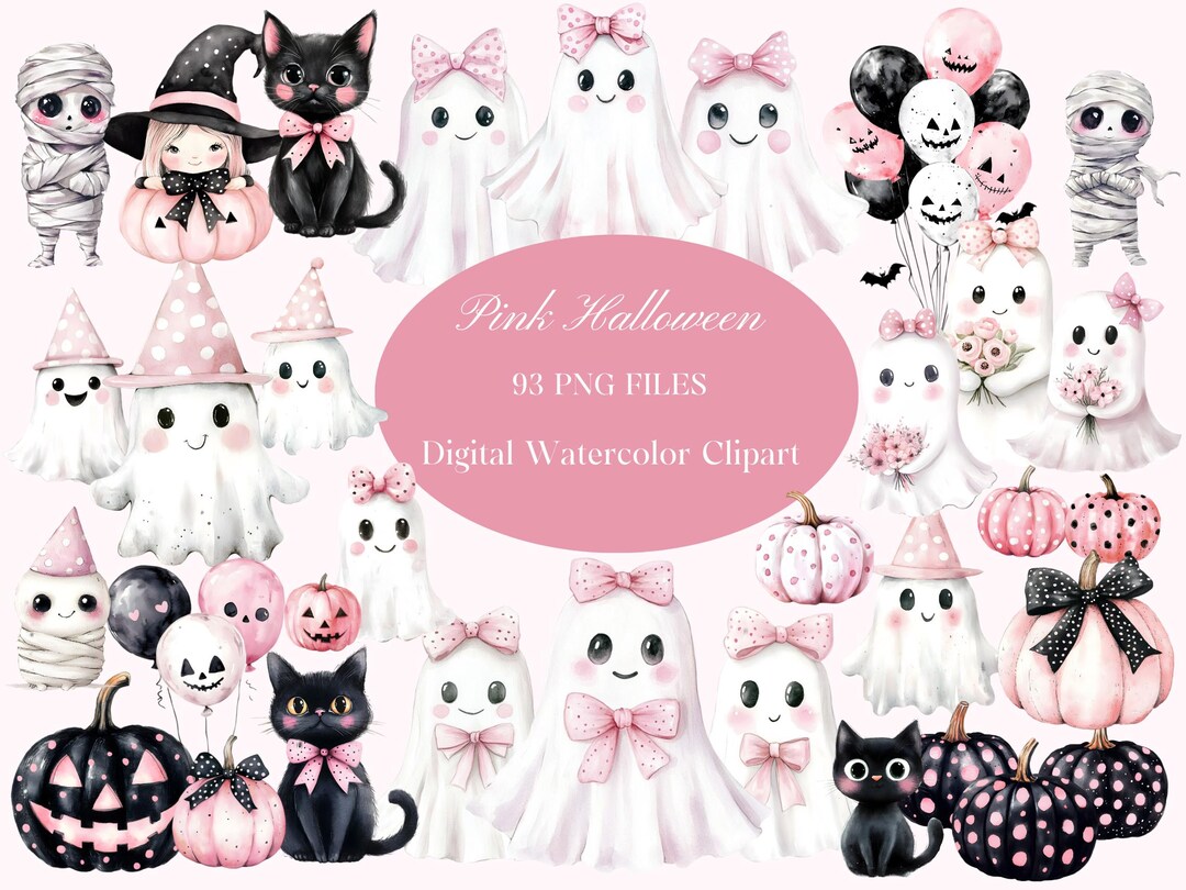 Pink Halloween Watercolor Clipart Bundle | 93 PNG Files | Cute Ghosts ...