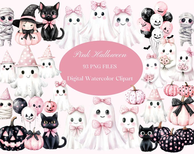 Pink Halloween Watercolor Clipart Bundle | 93 PNG Files | Cats ...