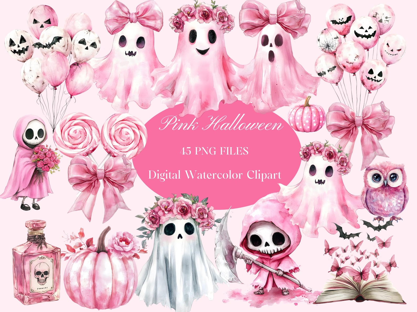Pink Halloween Watercolor Clipart | 45 PNG Files | Cute Ghosts, Skulls ...