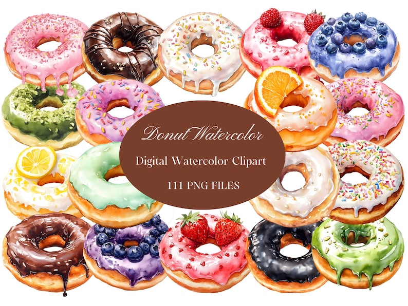 Watercolor Donut Clipart Set | 111 PNG Donut Graphics | Sweet Dessert Illustrations | Commercial ...