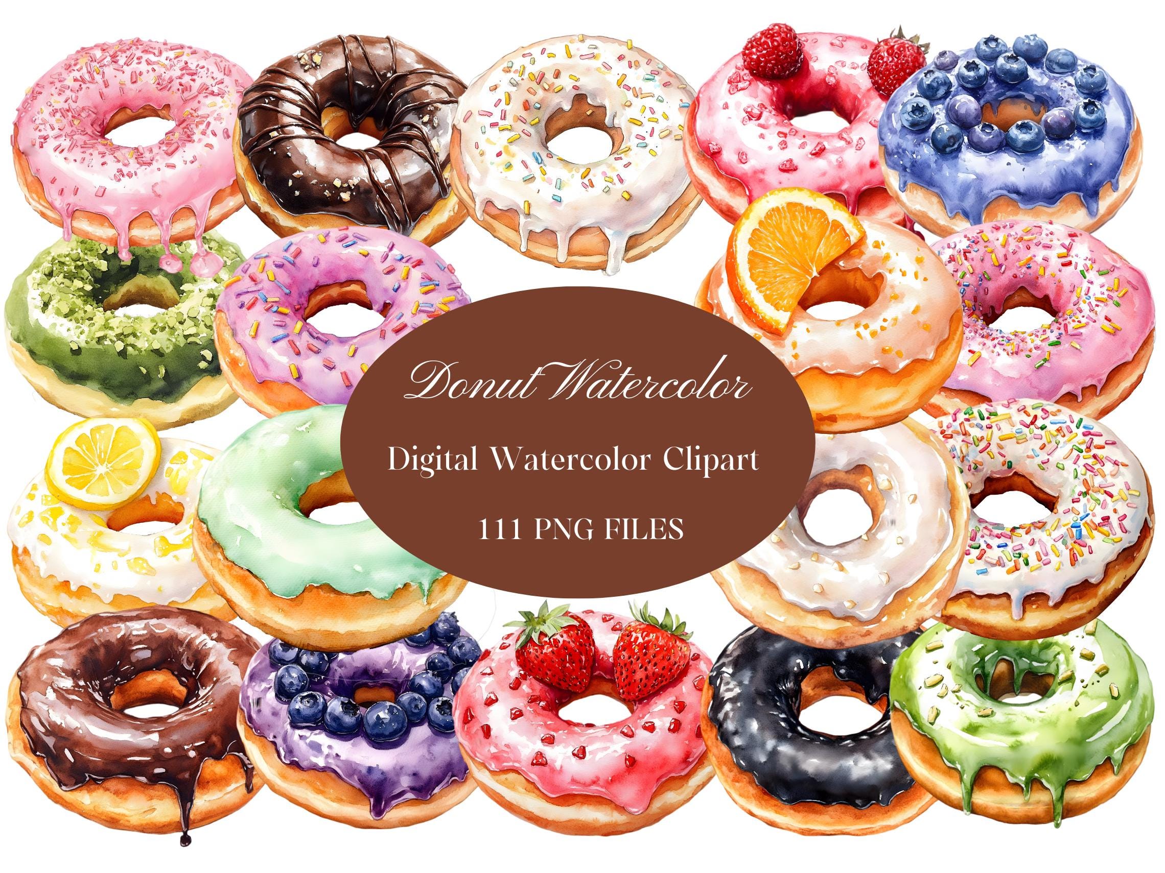 Watercolor Donut Clipart Set | 111 PNG Donut Graphics | Sweet Dessert ...