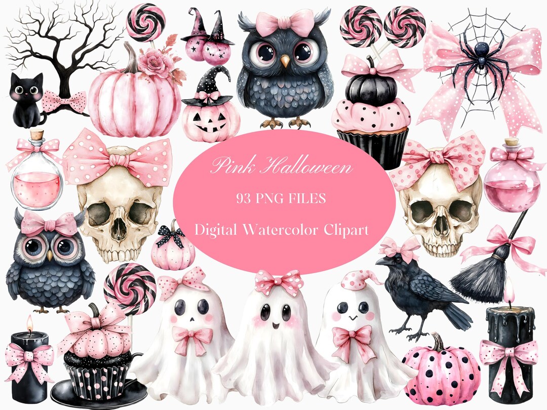 Pink Halloween Watercolor Clipart Bundle | 93 PNG Files | Cats ...