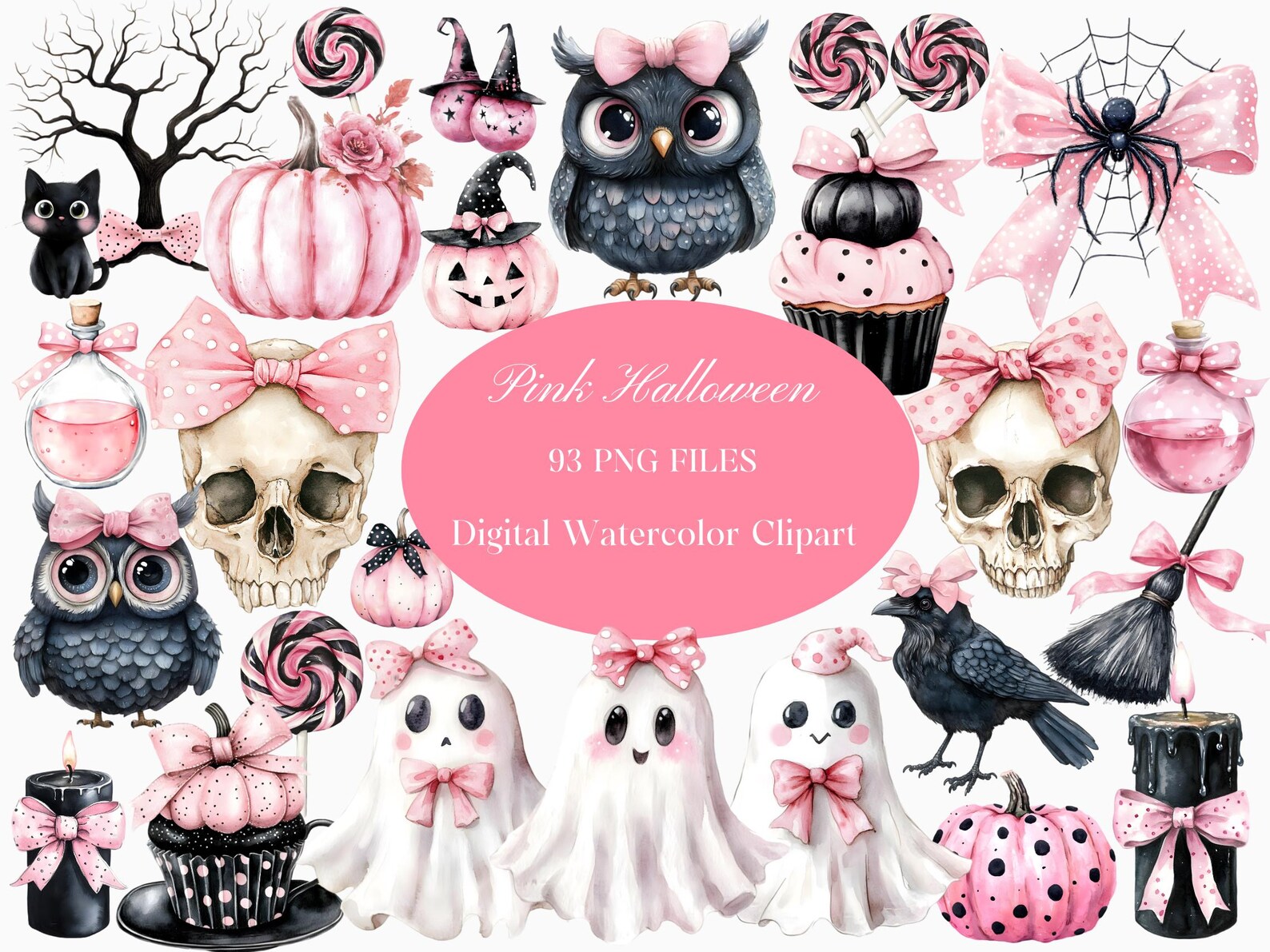 Pink Halloween Watercolor Clipart Bundle | 93 PNG Files | Cats ...