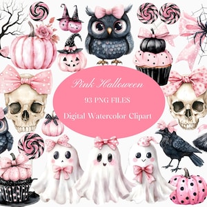 Pink Halloween Watercolor Clipart Bundle | 93 PNG Files | Cats ...