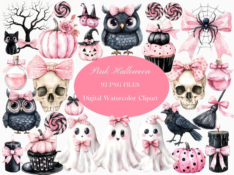 Pink Halloween Watercolor Clipart Bundle | 93 PNG Files | Cats ...