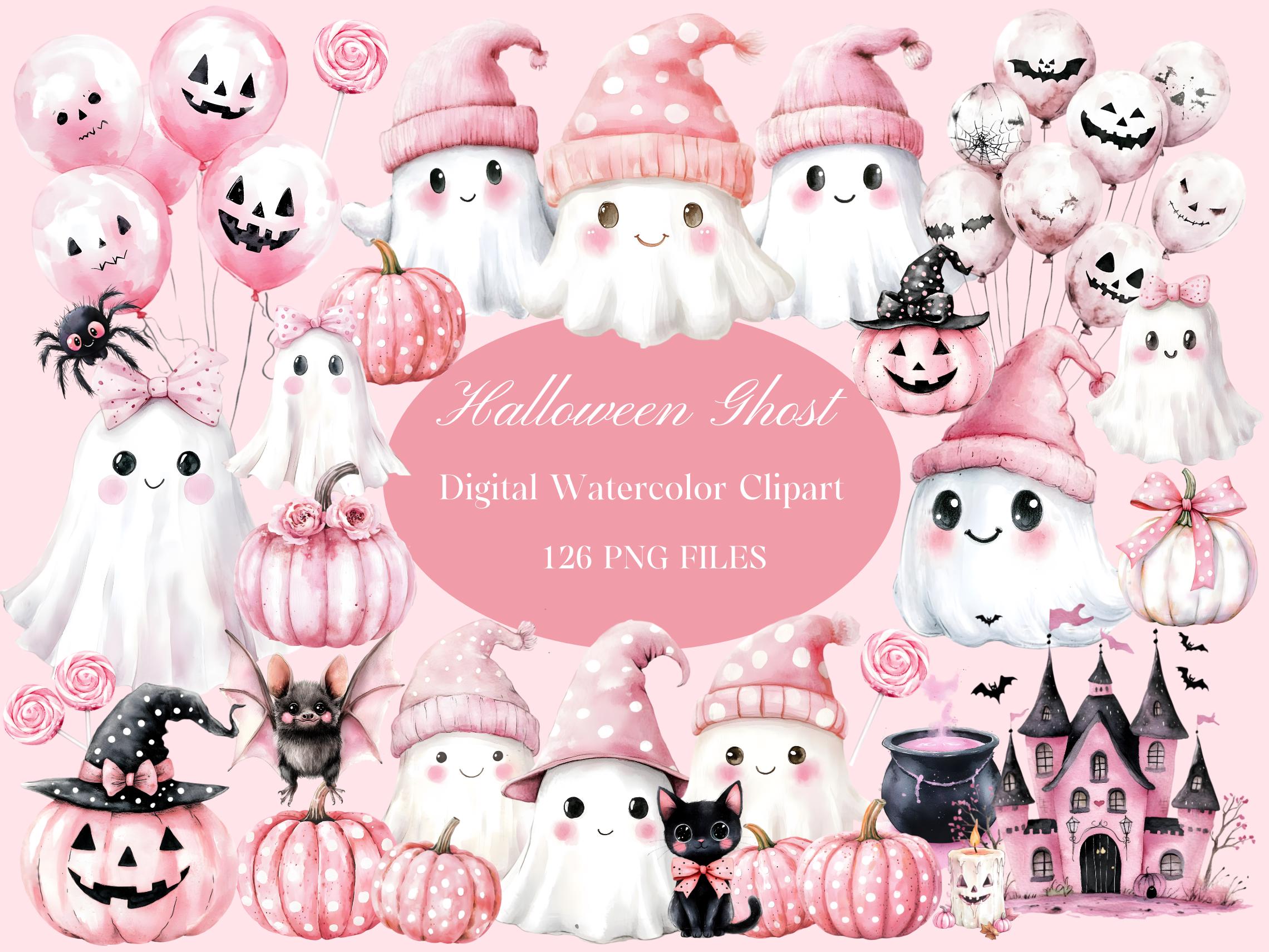 Cute Halloween Ghost Clipart Set - Pink Watercolor Ghosts, Spooky ...
