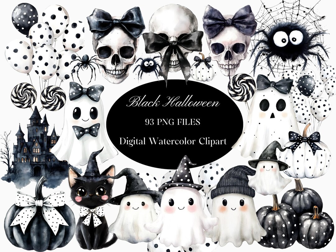 Black Halloween Watercolor Clipart Bundle - 93 PNG Files | Cute Ghosts ...