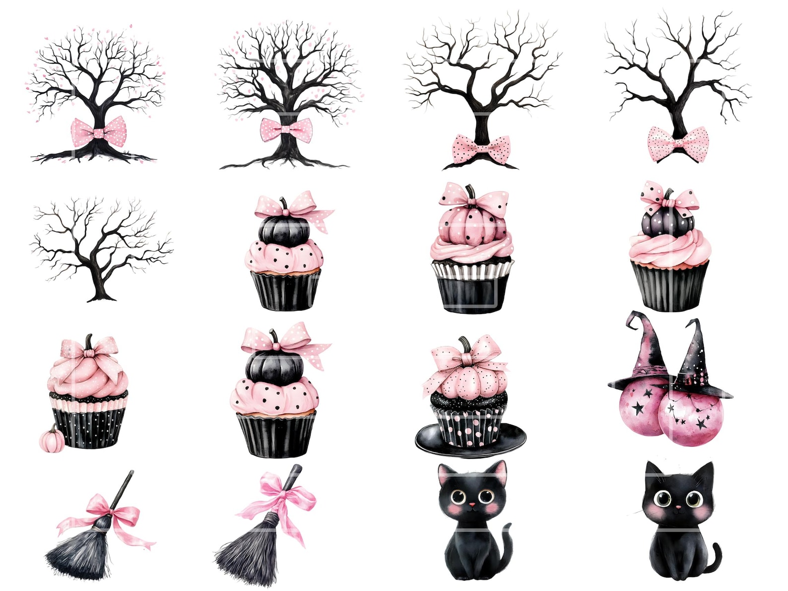 Pink Halloween Watercolor Clipart Bundle | 93 PNG Files | Cats ...
